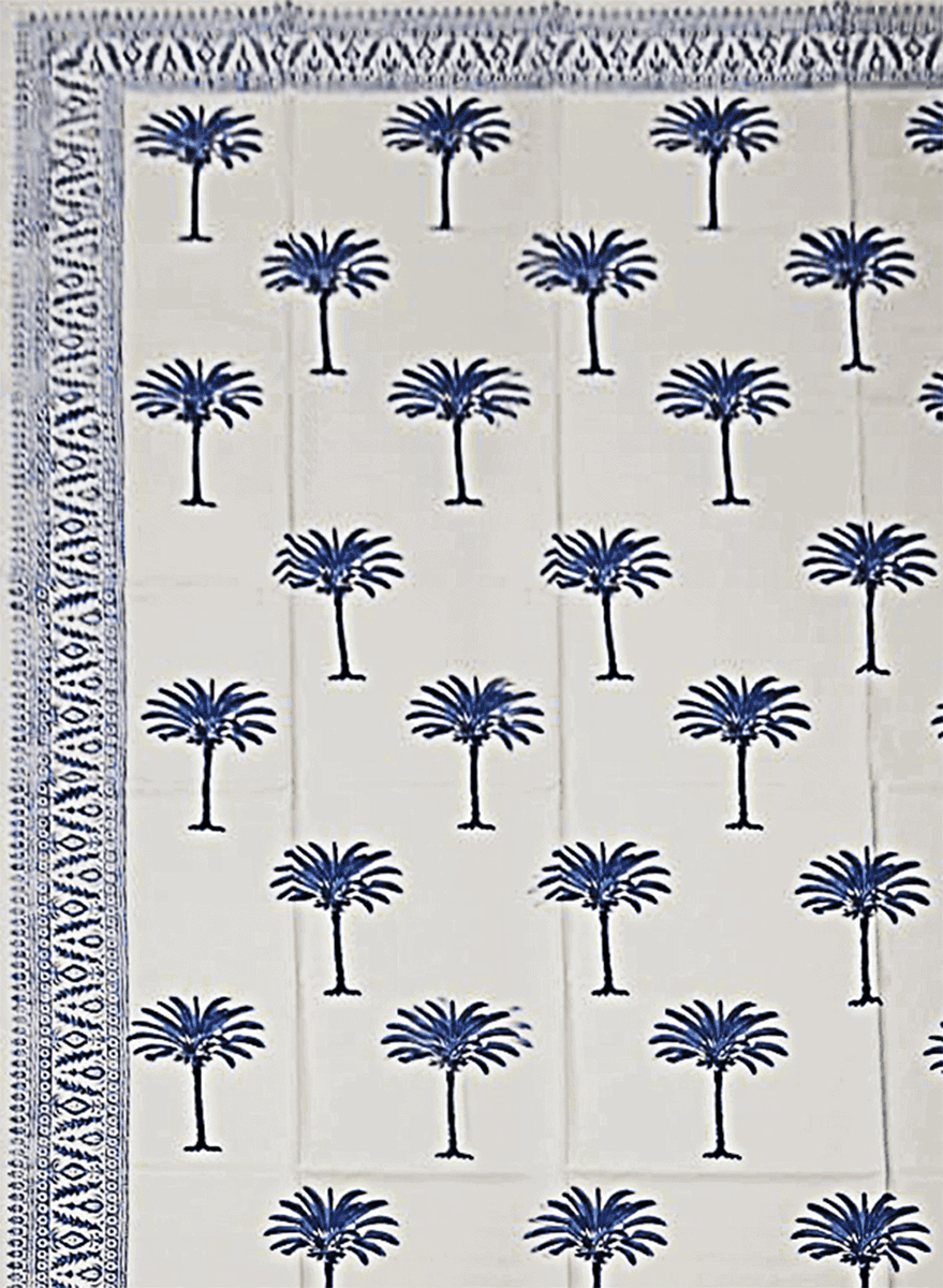 Les Ottomans Block Print Tablecloth - New Palm Tree Blue – o'de rose